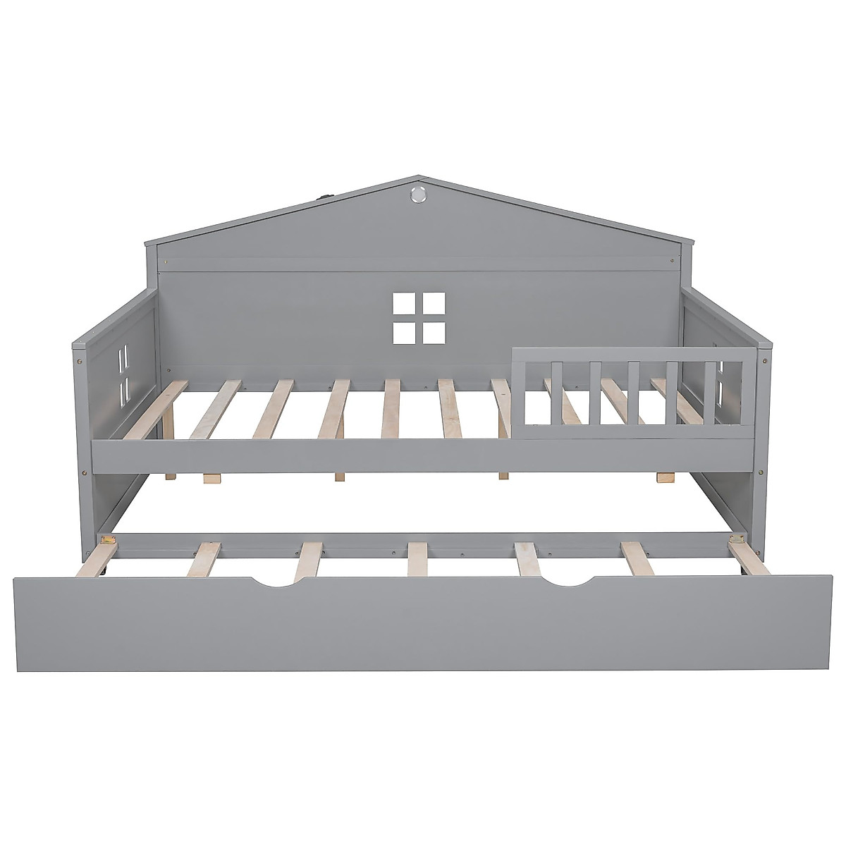 Merax Full Size Wooden Daybed with Trundle and Sensor Light, House Shaped Daybed for Kids, Boys and Girls, No Box Spring Needed, Grey