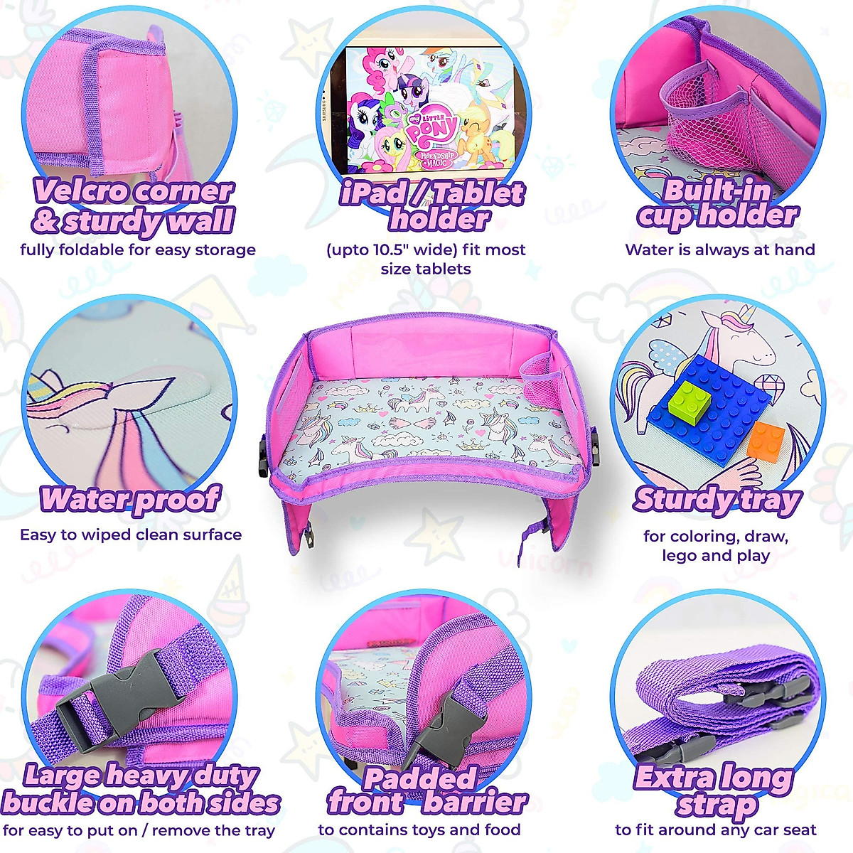 ecoZen Lifestyle Kids Travel Tray for Car - Toddler Lap Desk Organizer for Airplane, Pink Car Seat Tray for Kids Travel, Kids Roadtrip Essentials, Carseat Table Tray for Kids Road Trip Activities