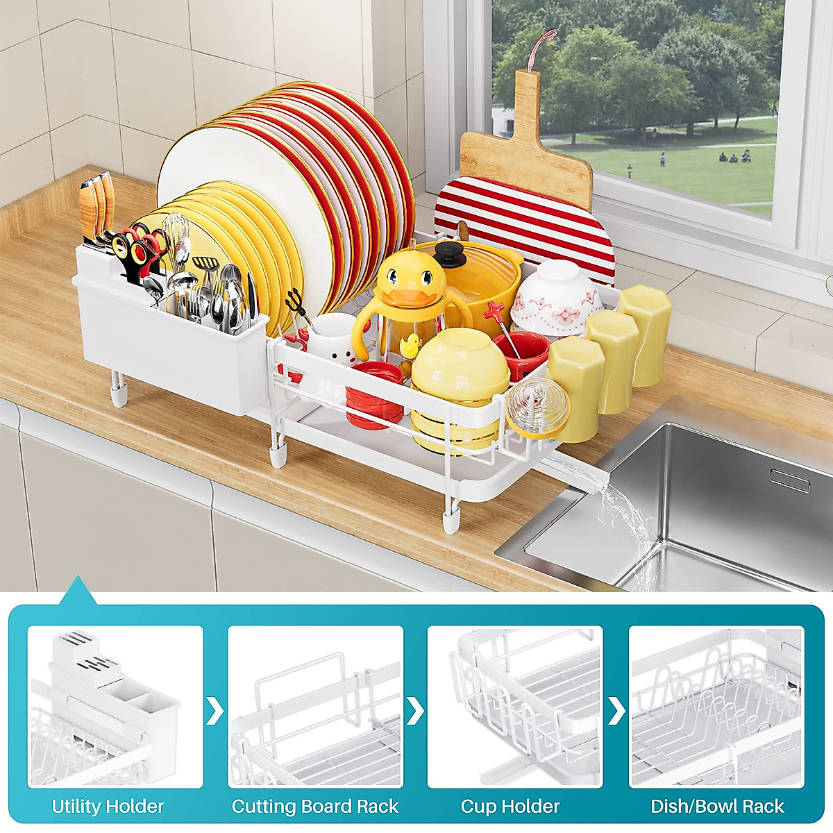 YKLSLH Expandable Dish Drying Rack Dish Racks for Kitchen Counter, Space Saving Dish Rack,Durable Kitchen Drying Rack with Drainboard, Glass Holder, Utensil Holder - White
