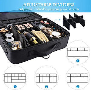 JOURMON Travel Makeup Case Portable Makeup Train Case Organizer Cosmetic Bag with Adjustable Dividers and Shoulder Strap for Makeup Brushes Toiletry Travel Accessories(Pure Black, L)