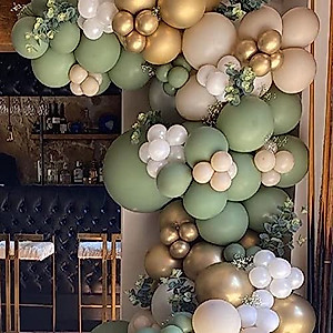 Sage Green White Gold Nude Balloons Arch Kit, 120 PCS 18in 12in 5in Latex Olive Green White Metallic Gold Blush Balloons Garland Arches Kit for Birthday, Wedding, Anniversary, Jungle, Party Decoration