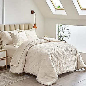 7 Pieces Tufted Bed in a Bag Queen Comforter Set with Sheets Beige, Soft and Embroidery Shabby Chic Boho Bohemian, Luxury Solid Color with Diamond Pattern, Jacquard Tufts Bedding Set for All Season
