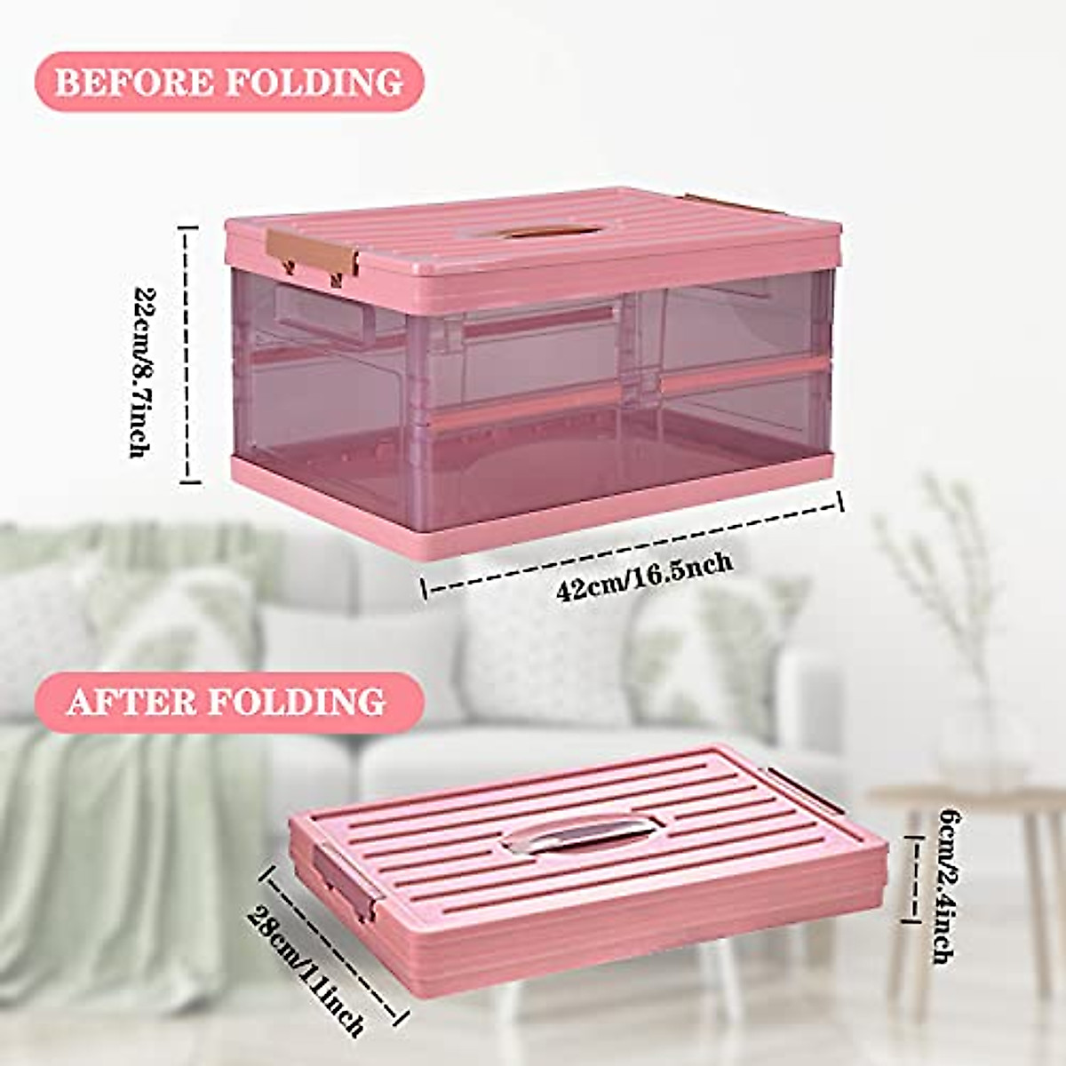 DAPANGYOUNG Collapsible Storage Bins with Lids - Clear Plastic Storage Bin Stackable Latch Storage Boxes with Durable Lid and Secure Latching Buckles For Home Office Car and Travel Organization, Pink