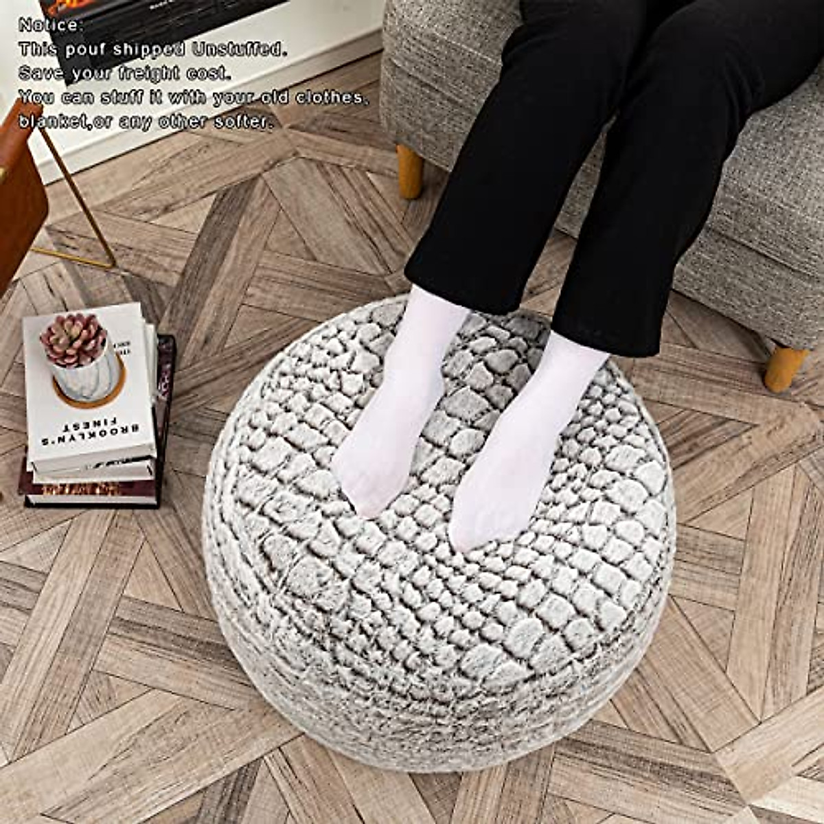 Unstuffed Ottoman Pouf Cover,Faux Fur Foot Stool, 20x12 Inches Fuzzy Chair, Round Ottoman Seat(NO Filler), Floor Bean Bag Chair,Foot Rest with Storage for Living Room, Bedroom Cover ONLY Coffee White