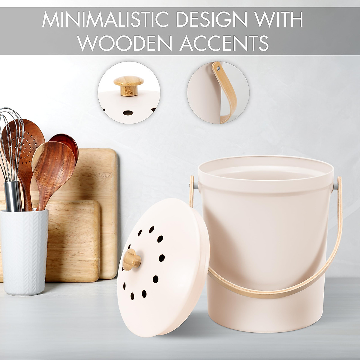 Beautiful Kitchen Compost Bin with Smell Proof Lid - Rust Proof and Odorless Compost Bucket for Your Countertop with No Smell Filters - Easy to Clean 1.1 Gallon Bin Looks Great On Any Kitchen Counter