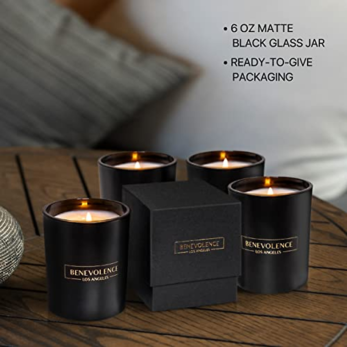 Benevolence LA Pack of 4 Scented Candles Gift Set | Rose & Sandalwood Candle and Oud Wood Candles for Home Scented | 6 oz Black Candles | Natural Soy Candles Gifts for Women | 35-Hour Burn Aromatherapy Candle | Perfect Spring Candles