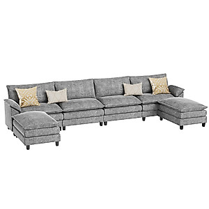 Flamaker Modular Sectional Sofa Couch, Fabric Reversible U Shaped Sofa Couch Cloud Couch with 2 Ottoman, 4-Seat Sectional Sofa Couches for Living Room, Apartment(Grey)