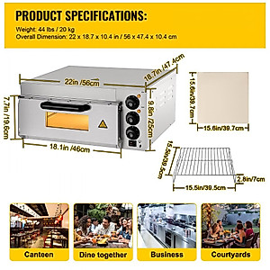 Electric Pizza Oven with Stone and Shelf - 14-inch Single Deck, 110V 1300W - Multipurpose Indoor Pizza Maker for Restaurant and Home Baked Pretzels - Stainless Steel