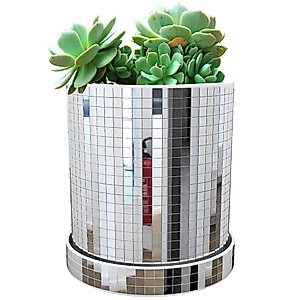 Adnee Modern Disco Cylindrical Plastic Planter Pot, Silver, 4.5 x 4.8 inch, Indoor Outdoor, Drainage Hole and Saucer