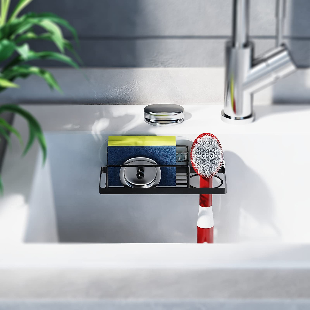 iSPECLE Sponge Holder with Suction Cups, 3-in-1 Sponge Holder for Kitchen Sink, Kitchen Sink Caddy, Dish Sponge Holder for Saving Space, Black