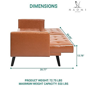 Naomi Home Jolene Tufted Split Back Futon, Mid Century Convertible Sofa Bed for Small Rooms, Faux Leather Couch, Perfect for Your Modern Living Room- Caramel, Faux Leather