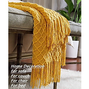 CREVENT Knitted Decorative Throw Blanket for Couch Sofa Chair Bed，Soft Warm Cozy Light Weight for Spring Summer (50''X60'' Mustard Yellow)