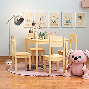 Nightcore Kids Wooden 4, Activity 2 to 6 Years, Toddler Game, Playroom Furniture, Picnic w/Chairs, Solid Wood 5 Piece Dining Table Set, Natural