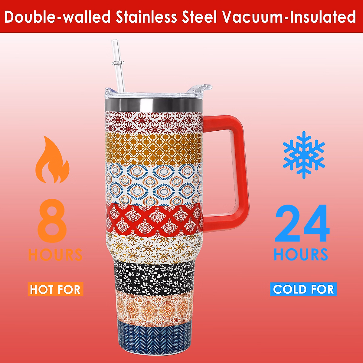 omezin 40 Oz Boho Tumbler With Handle 40oz Boho Tumbler With Lid Straw Double Insulated Travel Coffee Mug Womens Boho Cup Gifts