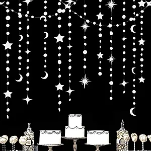 White Star Moon Circle Dot Garland Party Decoration Hanging Crescent Twinkle Little Star Streamer Bunting Banner for Wedding Engagement Anniversary Bridal Shower Kids Birthday Baby Shower Decor