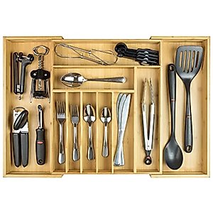 KitchenEdge Premium Silverware, Flatware and Utensil Organizer for Kitchen Drawers, Expandable to 25 Inches Wide, 10 Compartments, 100% Bamboo