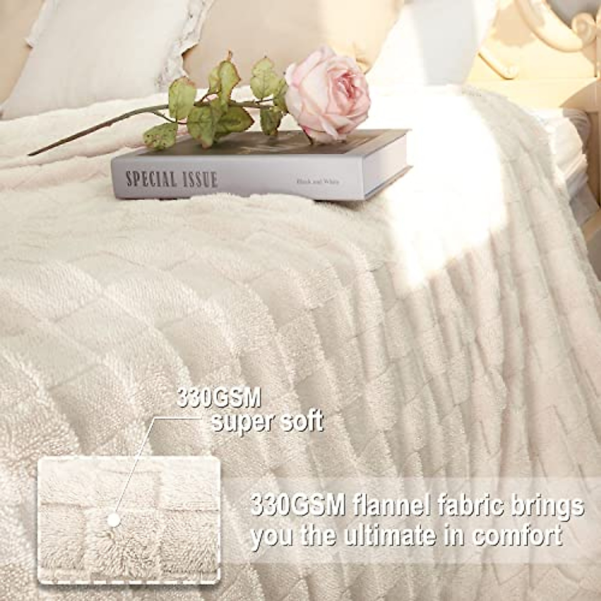 BOPRIO Throw Blanket Fuzzy Plaid Blanket for Sofa Couch or Bed, Queen Size 330GSM Luxury Fleece Soft Warm Blanket for All Seasons, 60 x 90 Inch Cream