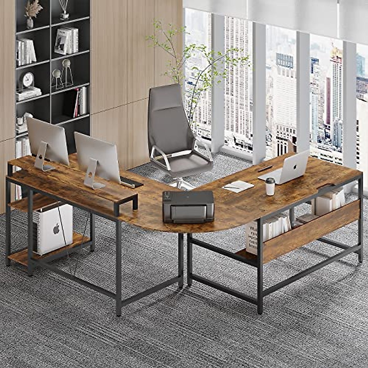 SEDETA L Shaped Desk, 68.9 inches Corner Computer Desk with Monitor Stand Riser, Drafting Drawing Table with Tiltable Desktop, Workstation Study Writing Table Art Desk for Home Office, Rustic Brown