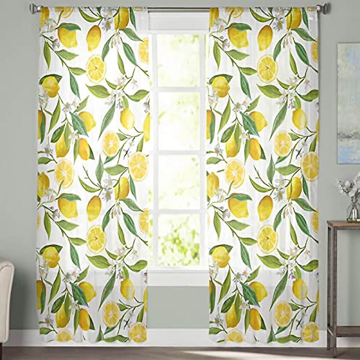 AMZRicher Lemon Sheer Curtains 72 Inch Length 2 Panels Set, Summer Garden Fruit Lemon Slice and Leaves Semi Transparent Voile Rod Pocket Curtains for Living Dining Room Bedroom Drapes