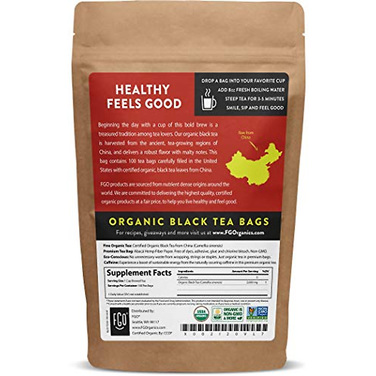Organic Black Tea Bags | 100 Tea Bags | Eco-Conscious Tea Bags in Kraft Bag | Raw from China | by FGO