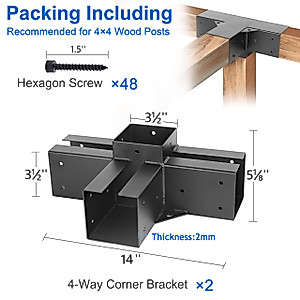 Wood Pergola Kit Bracket 4x4 – Stainless Steel 3-Way Pergola DIY Corner Bracket kit for 4x4 Wooden Beams for Gazebos, Patio Pergolas, Sheds, Black Finish (2 Pack)