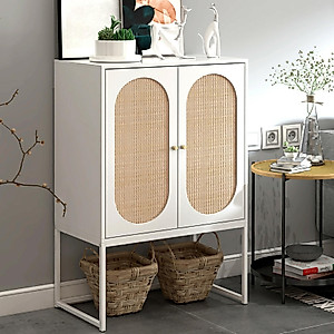 Lamerge Rattan Cabinet,2 Door Sideboard Buffet Cupboard Accent High Cabinet with Natural Rattan,Free Standing Bookmatch,Adjustable Shelves,Easy Assembly,White (LRC-W)