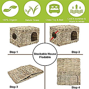 kathson 2 Pcs Rabbit Grass House Natural Foldable Hand Woven Seagrass Bed Carrot Hay Toy Hut Safe Comfortable Playhouse with Bunny Chew Toys for Bunny Hamster Guinea Pig Chinchilla Ferret