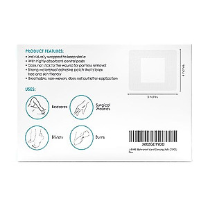 JJ CARE Waterproof Adhesive Island Dressing [Pack of 25], 4" x 5" Sterile Island Wound Dressing, Breathable Bordered Gauze Dressing, Individually Wrapped Latex Free Bandages with Non-Stick Central Pad