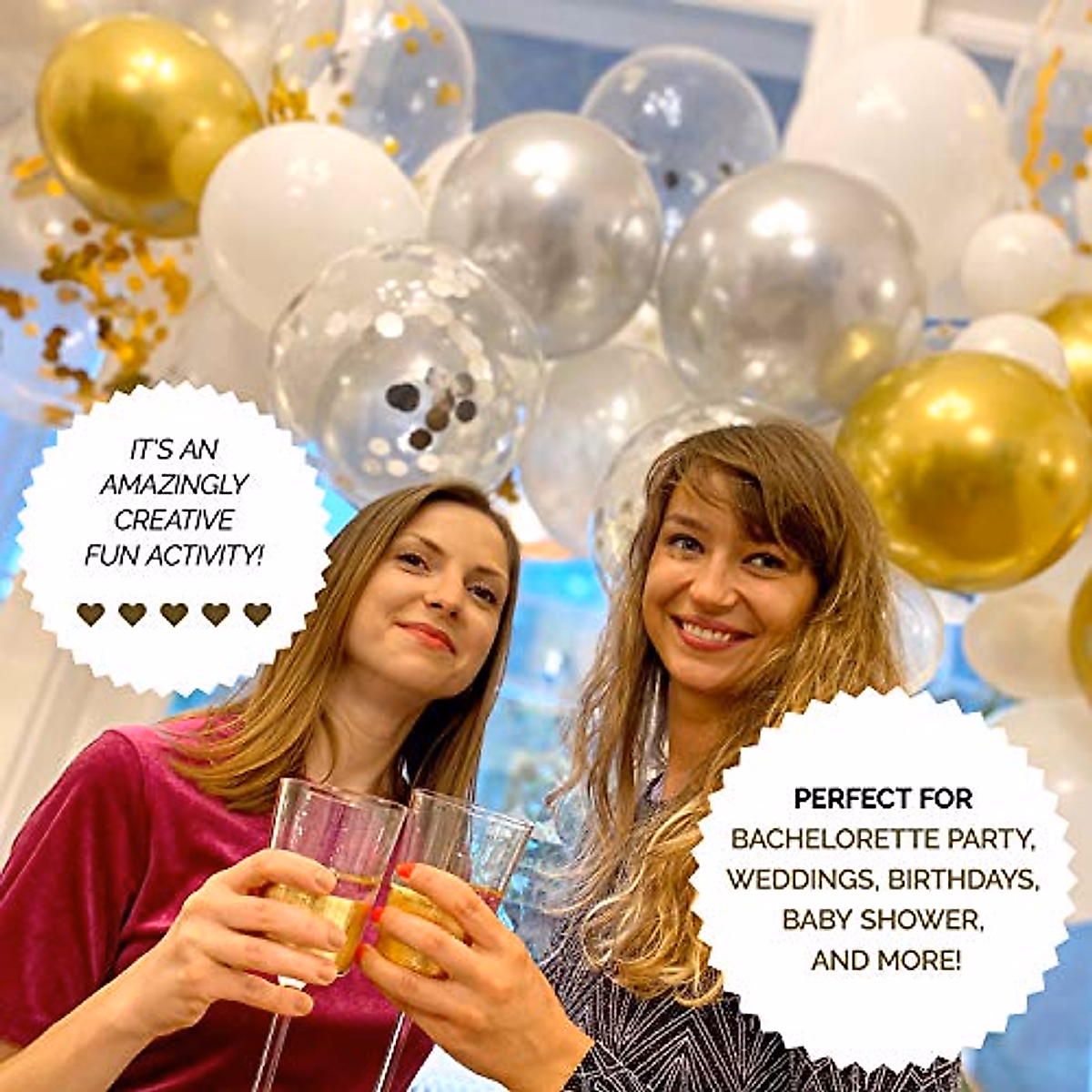 White and Gold Balloon Garland Kit with Gold Silver Confetti - Easy to Assemble 100pcs Premium White and Gold Balloons for Birthday Party - Gold and White Balloon Arch Kit for Baby Shower Balloon Arch