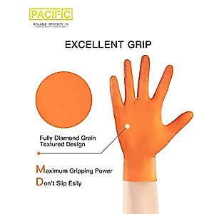 PACIFIC PPE Strength Nitrile Industrial Orange Gloves, 8 Mil, Diamond Texture Disposable Heavy-Duty, Powder Free, Large, 100 Count