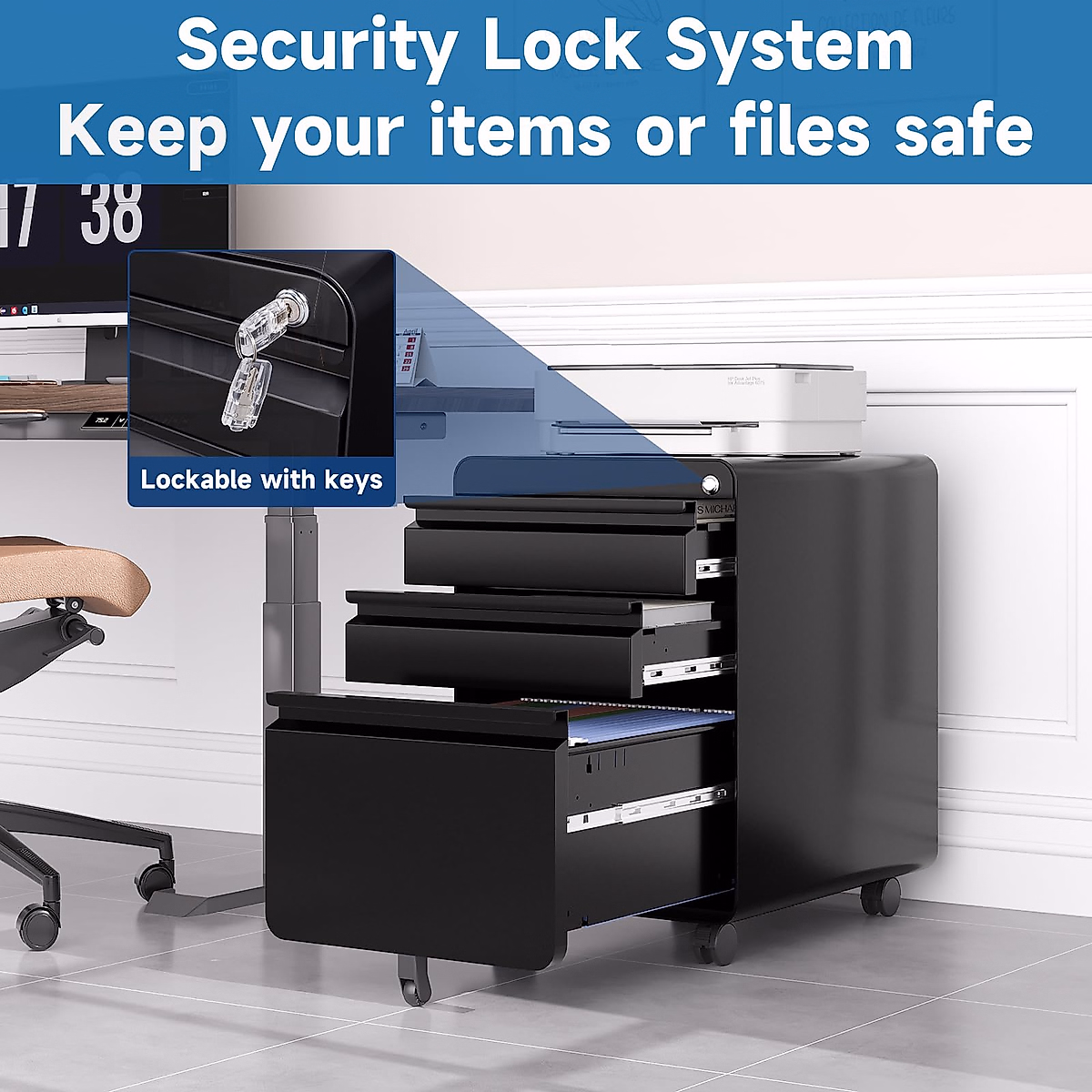 AFAIF 3 Drawer Mobile Locking File Cabinet,Metal Filing Cabinets for Home Office,Small Rolling File Cabinet Under Desk Office Drawer Storage Cabinet fits Letter/Legal/A4 Size,Black