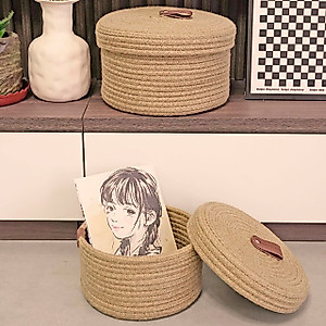 Aplolemo Jute Rope Basket with Lid,Decorative Woven Baskets with Lids,Leather Design Lidded Round Basket,Small Basket with lid,Storage Baskets with Lids-Set of 2（10"x6"/8.5"x5"）