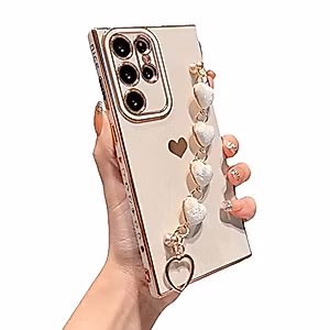 VANIPUFF Samsung Galaxy S23 Ultra 5G 6.8" Case - Luxury Heart Bracelet, Cute Love Hearts Cover, Camera Protection, Shockproof Bumper (White)