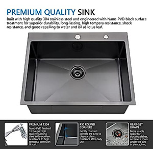 28 Inch Drop In Black Stainless Steel Kitchen Sink, Doirteal 28 x 22 x 10 Inch Matte Black Kitchen Sink 16 Gauge Stainless Steel Topmount Single Bowl Sink Single Basin with Bottom Grid