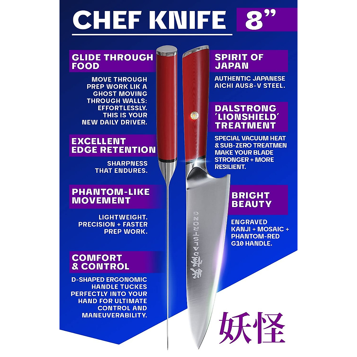 Dalstrong Chef Knife - 8 inch - Phantom Series - Japanese High-Carbon AUS8 Steel Kitchen Knife - Red G10 Handle - Cooking Knife - Kitchen Knife - w/Sheath