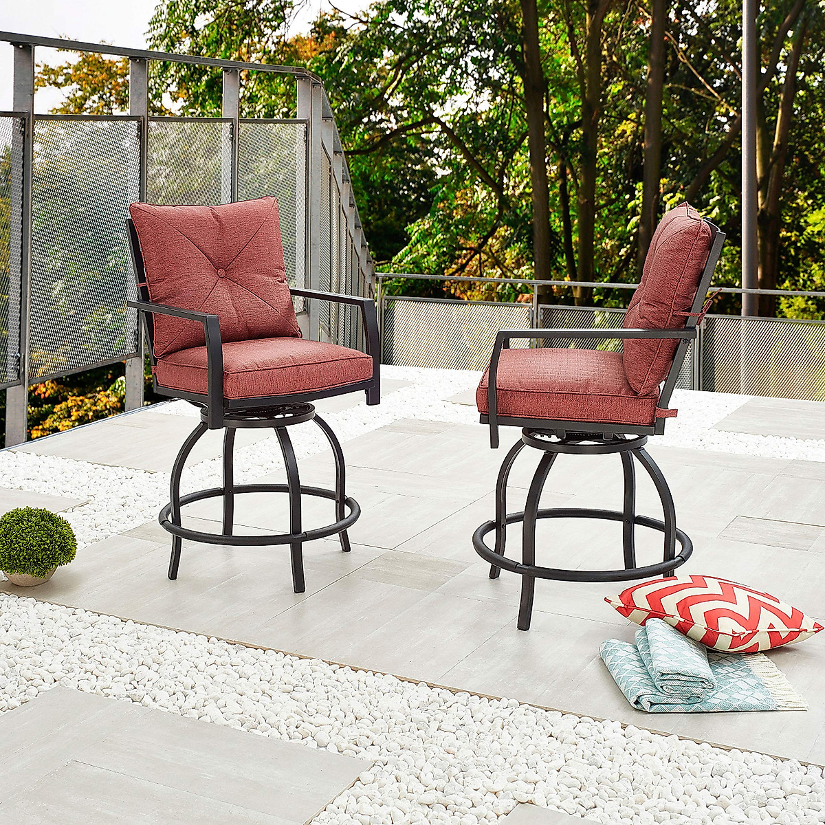 LOKATSE HOME 2 Pieces Outdoor Swivel Chair Set Patio Bar Bistro Furniture Metal Height Stools with Cushion, Red