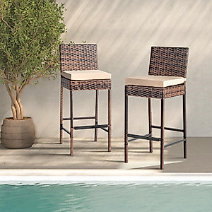 VINGLI Outdoor Bar Stools Set of 2 with Cushions Wicker Bar Stools, Bar Height Patio Chairs Outdoor Rattan Stool for Garden Pool Lawn Backyard