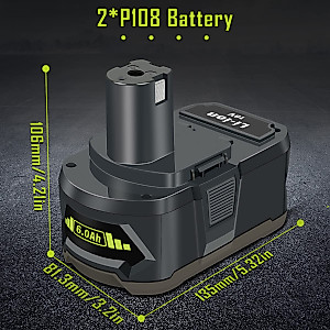 BATINO 2 Pack 6.0Ah P108 18V Replacement Battery for Ryobi P102 P103 P104 P105 P107 P109 P100 P122 18 Volt Lithium-ion Batteries Compatible with Ryobi One+ Cordless Brushless Power Tools