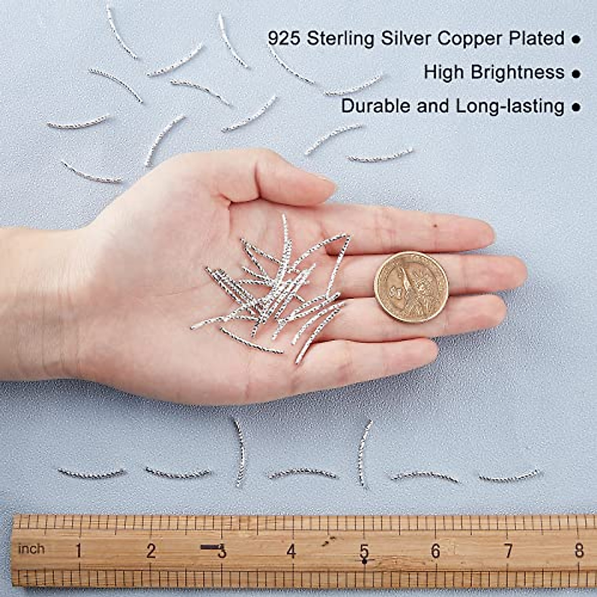 CREATCABIN 1 Box 40Pcs Curved Tube Beads 925 Sterling Silver Plated Brass Sleek Noodle Bead Long Large Hole Spacer Connectors Bulk for DIY Jewelry Making Bracelets Necklaces Findings