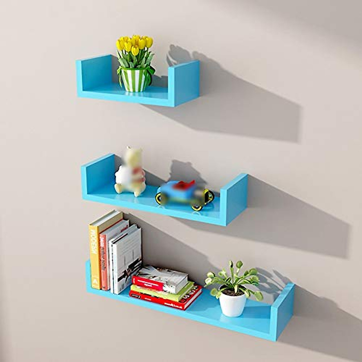 PIBM Stylish Simplicity Shelf Wall Mounted Floating Rack Shelves Solid Wood Collection Books Background Wall 3-Piece Set,7 Colors Avaliable, Light Blue