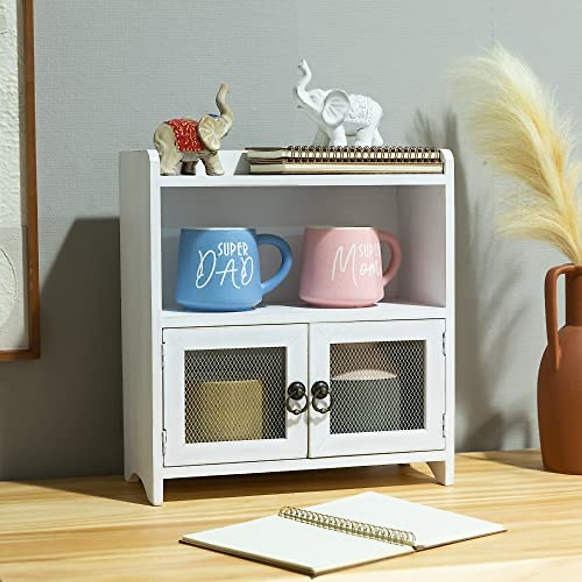 COLLECTIVE HOME - 2 Tiered Storage Cabinet, Countertop Cabinet, Wood Organizer for Kitchen Living Room Bedroom Bathroom Office with Magnetic Door, 15.75 x 14.5 x 6.5, White, 01