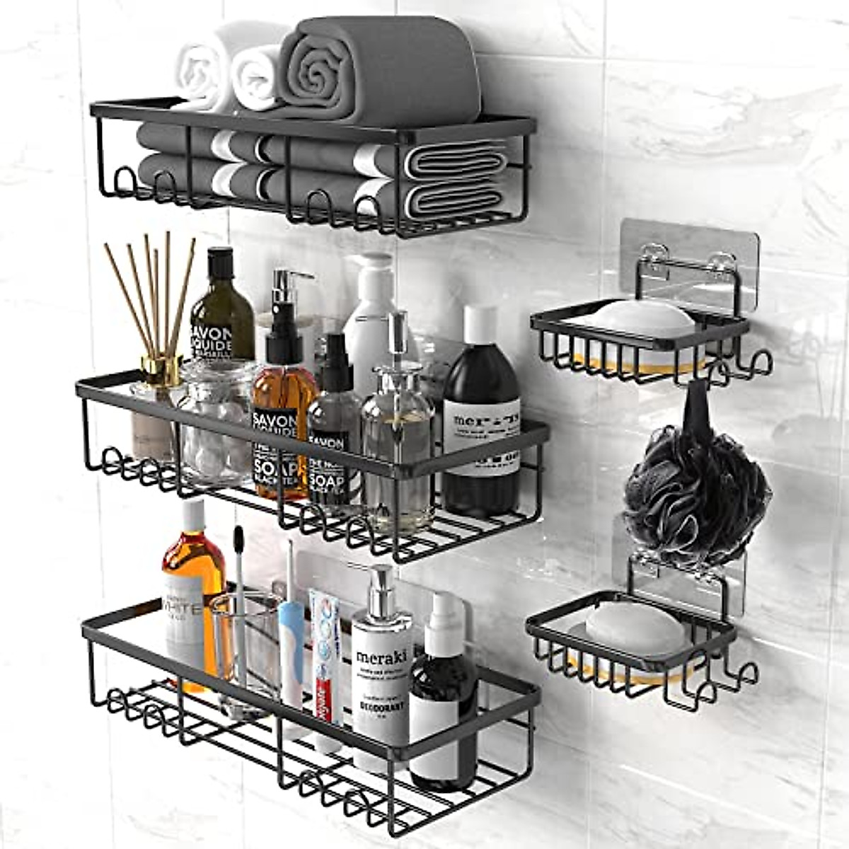 DINGXI Shower Caddy, 5 Packs Shower Shelves, Adhesive Shower Organizer No Drilling, with Shower Loofah Balls (1 Pack) with Adhesives or Screws Mounted for Bathroom Toilet & Kitchen (Black)