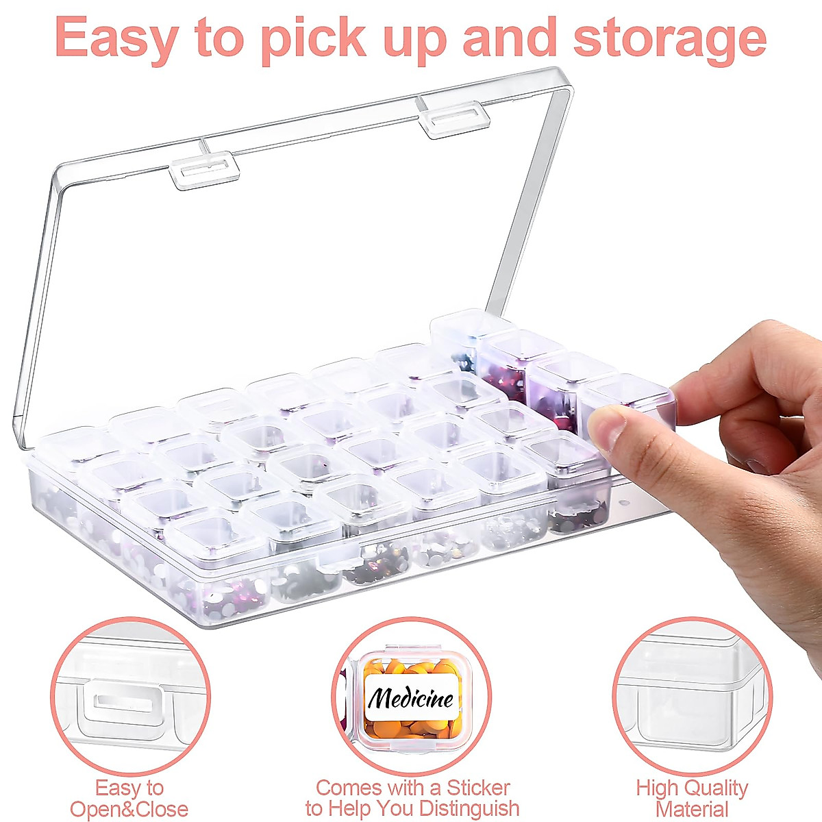 Ripeng 24 Pack 672 Slots Diamond Painting Storage Containers Bulk, 28 Grids Bead Organizer Box Diamond Painting Accessories Boxes Diamond Art Embroidery Storage with 960 Label Stickers