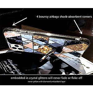 Aulzaju for iPhone 12 Pro Max Girly Case with Ring Stand Luxury Bling Diamond Hard PC Back Rugged Marble Design Cute Glitter Rhinestone Geometric Bumper Cover with Bead Lanyard for Women 6.7'' Pink