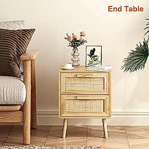 Koifuxii Bedside Tables with 2 Hand-Woven Natural Rattan Drawers - 2 Drawer Nightstands - Boho Bedroom Side Tables with Storage, Wood Night Stand