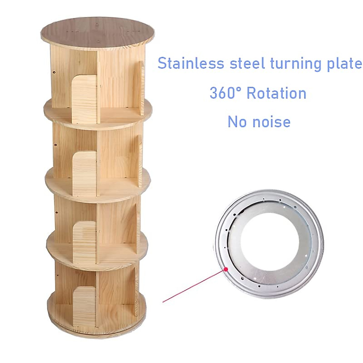 MYOYAY 4-Tier Solid Wood Bookshelf Floor Standing Bookcase 360° Rotation Book Storage Cabinet Magazines Potted Plants Display Stand Holds Up to 200 Books Study Office Home Decoration