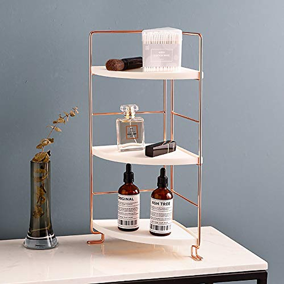 ICCGBHGO Bathroom Countertop Organizer, Corner Shelves Bathroom Vanity Counter Sink Storage, Rose Gold Standing Cosmetic Makeup Spice Rack Tray Cabinet for Kitchen and Bathroom 3-Tier