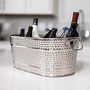 BREKX Stainless-Steel Ice Bucket & Beverage Tub for Parties, Hammered Stainless Steel Finish, Leak-Proof, Rust-Proof, with Handles - 15 Quarts
