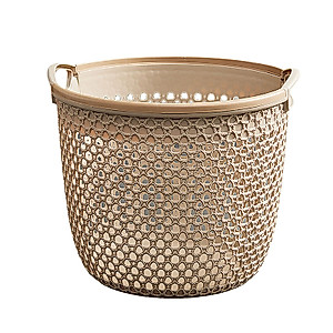 GPAHRRDNIJ Laundry Basket with Handle, Small Hollow Plastic Hamper for Dirty Clothes, Portable Round Bin, Washing Clothing Storage Bin for Bathroom Laundry Room (Coffee)