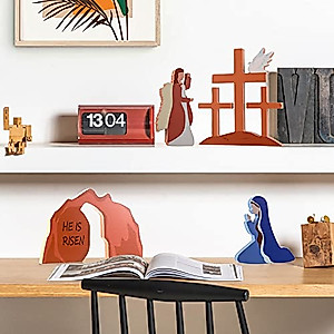 Ufkaa Easter Decorations, 4pcs Religious He is Risen Decor, Wooden Empty Tomb Resurrection Scene, Cross Table Christian Spring Decor, Farmhouse Easter Nativity Tier Tray Decor for Home Mantle